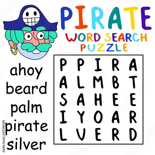 Cartoon pirate captain word search puzzle activity page for kids vector ...