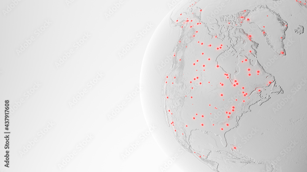 North america continent with red dots all over surface. America with 3D ...