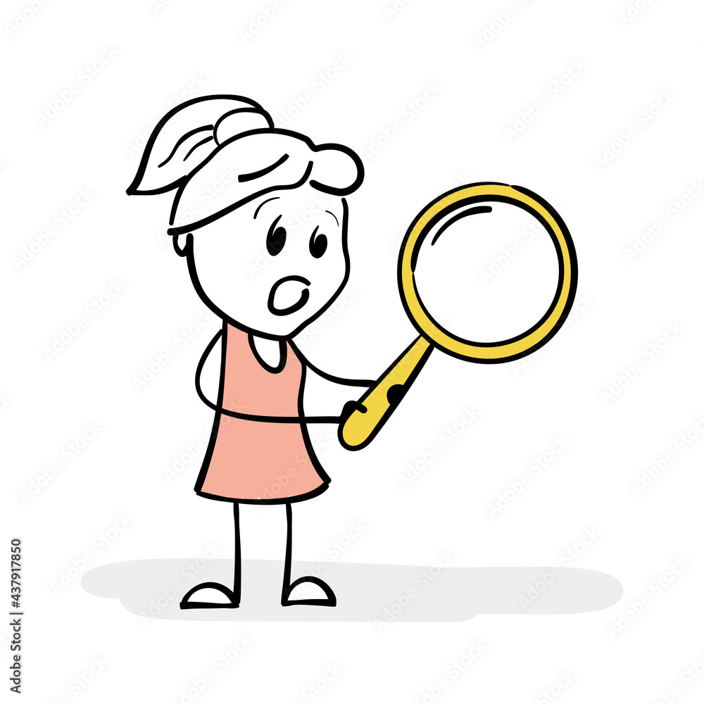 Stick figure girl with confused face expression holds magnifier in her ...