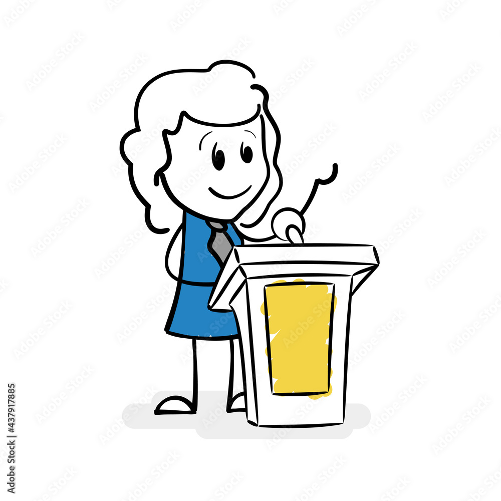 Drawing of stick figure business woman giving a speech on podium ...