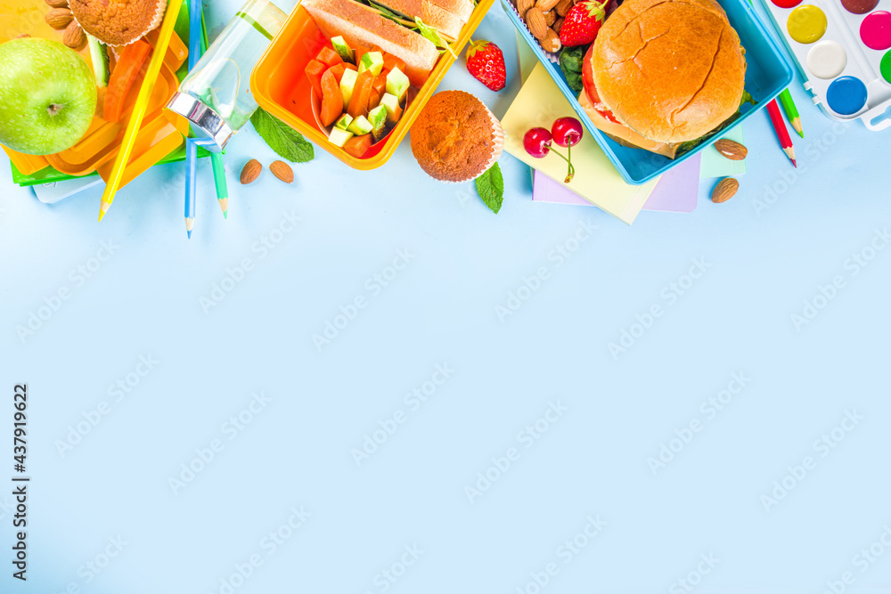 Back to school, Healthy tasty kid lunch box with sandwiches, nuts ...