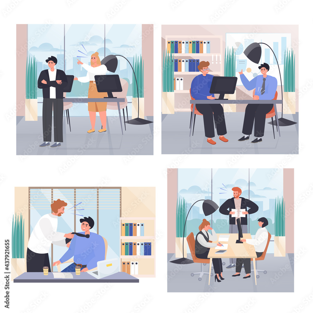 Conflict situations at work concept scenes set. Angry boss yells at ...