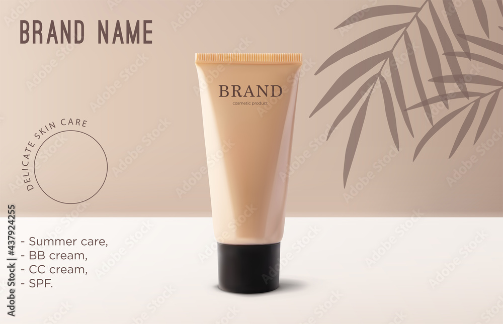 Mockup realistic 3d tube makeup foundation cream on beige background ...