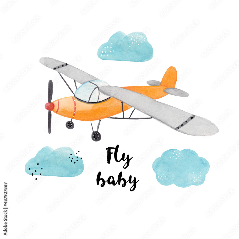 Watercolor child poster with cute plane, clouds and hand drawn text ...