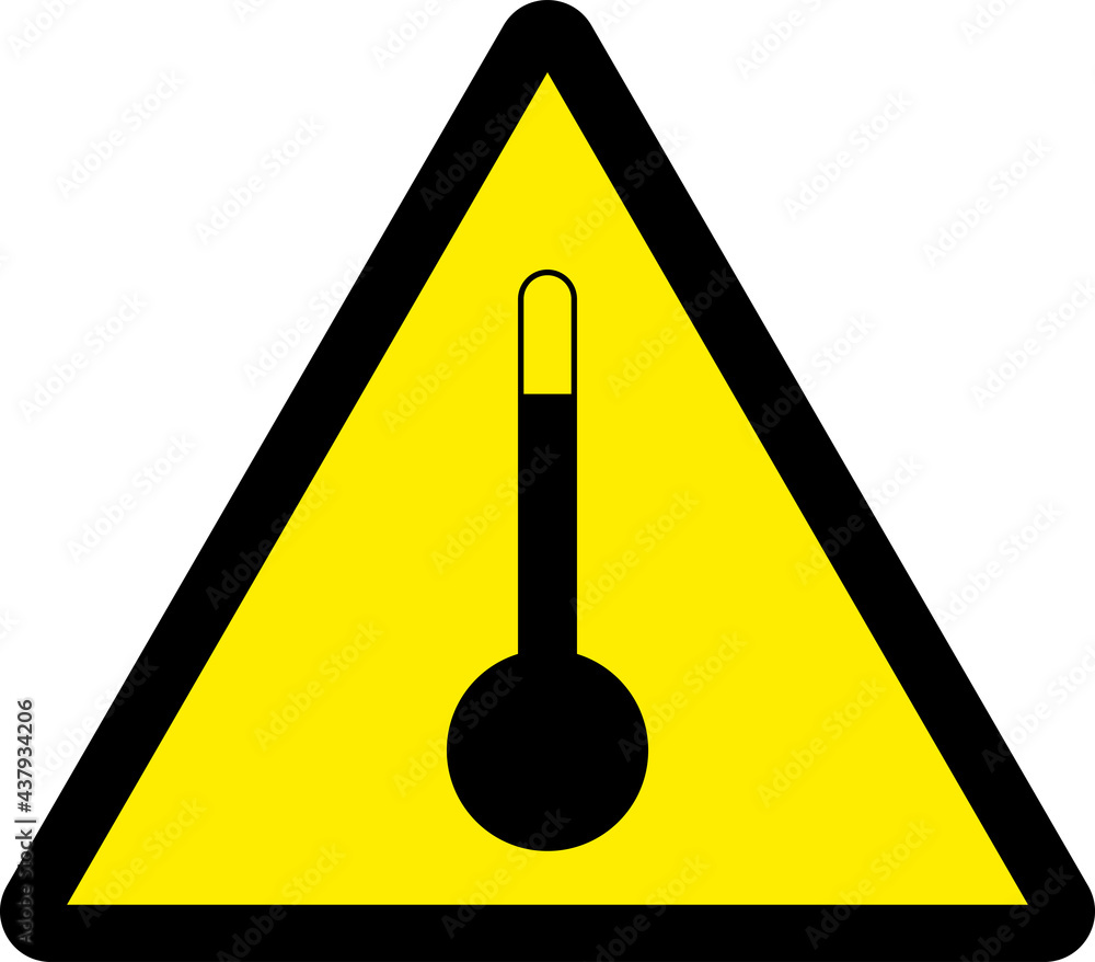 High temperature hazard warning sign. Black on yellow triangle ...