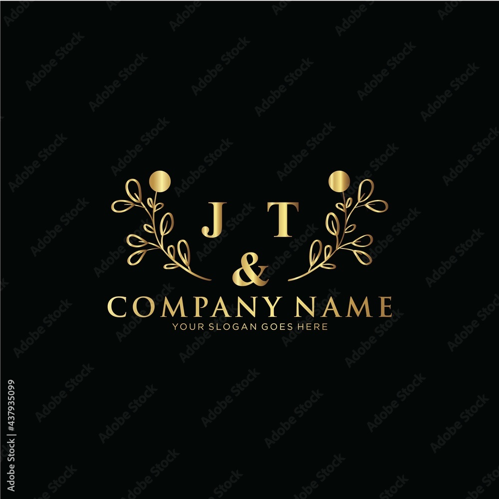 JT Beauty vector initial logo, Golden floral letters with flowers ...