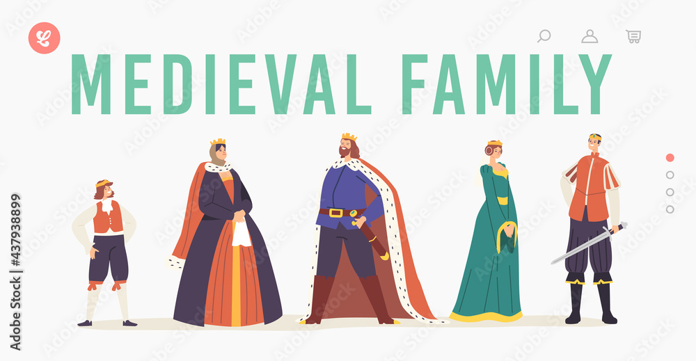 Vetor de Medieval Family Landing Page Template. Royal Characters, Queen ...
