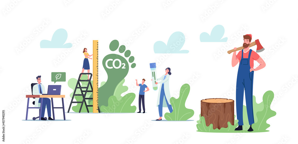 Carbon Footprint. Tiny Characters Measure Co2 Emission Pollution Amount ...