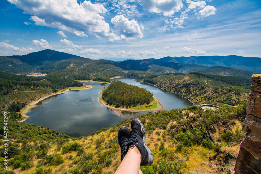 Hiker Feet Resting And Contemplating Beautiful Views Of Nature. Meander ...