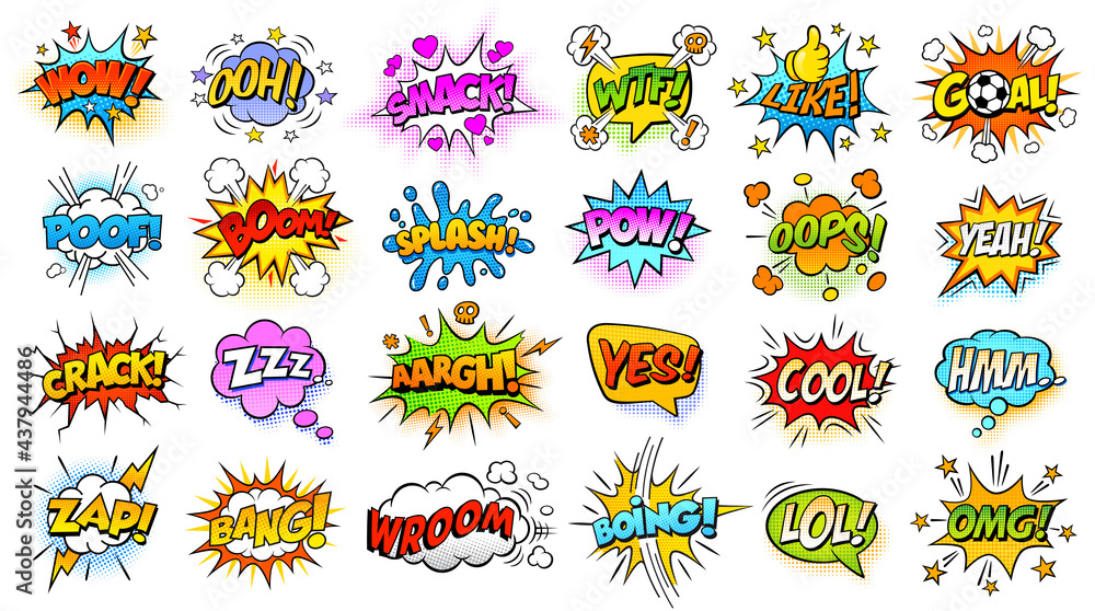 Exclamation texting comic signs on speech bubbles. Cartoon crash, pow ...