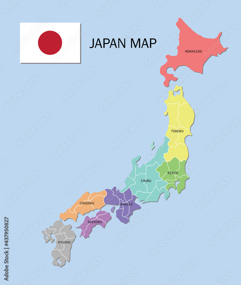 Japan map. Color map of the provinces of Japan. Japan administrative ...