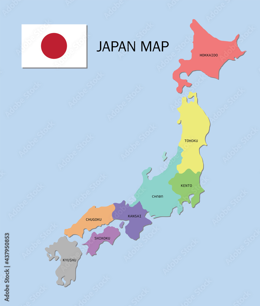 Japan map. Color map of the provinces of Japan. Japan administrative ...