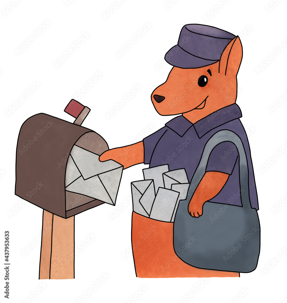 Watercolor illustration of kangaroo postman with letter bag and mailbox ...