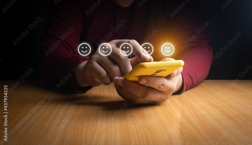 customer satisfaction, Businessman giving rating with happy smiley face ...