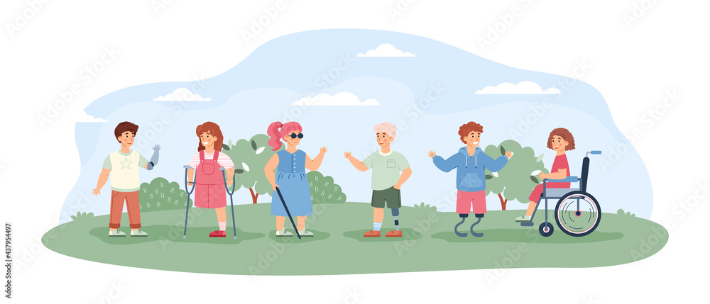 Disabled kids walking and socialising, cartoon vector illustration ...