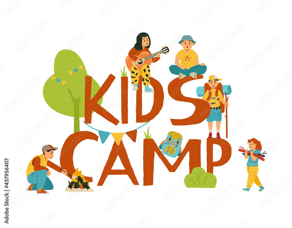 Design emblem for kids summer camp a flat cartoon vector illustration ...