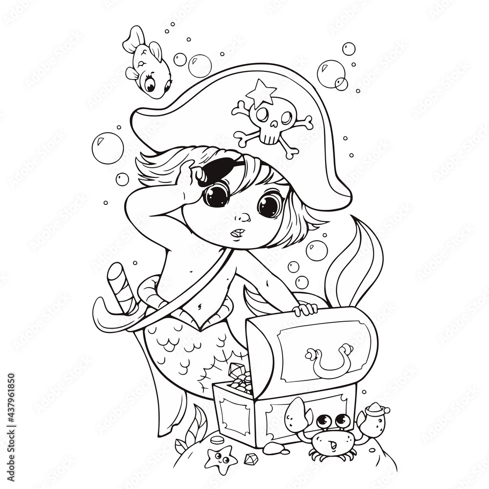 Coloring book with a boy pirate mermaid. The character found a treasure ...