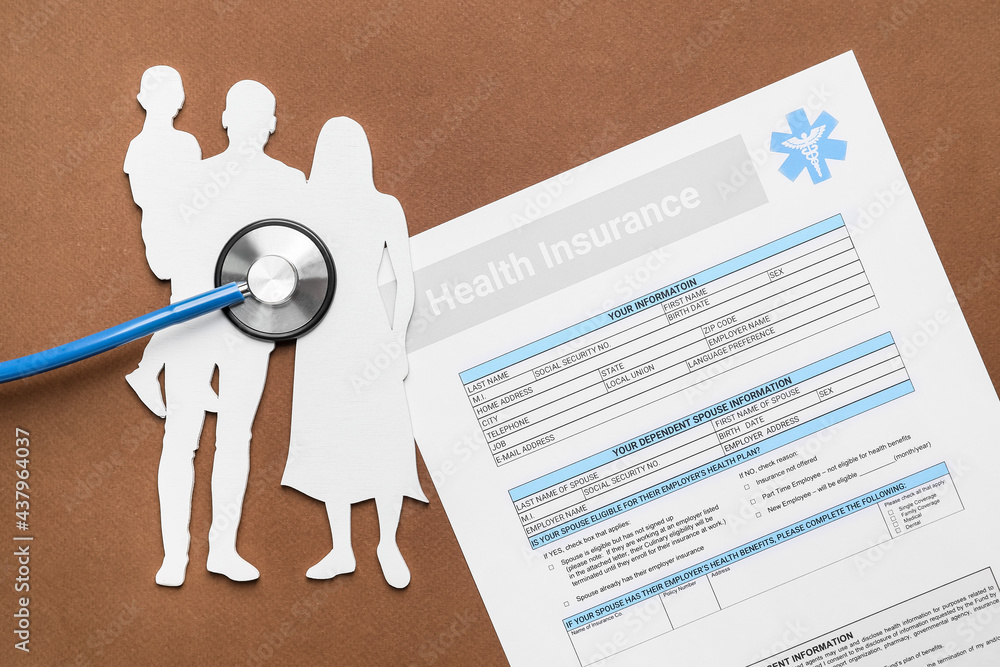 Family figures with health insurance form and stethoscope on color ...