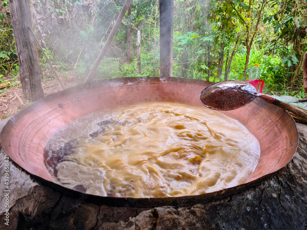 Boiling the sugarcane juice to make garapa, sugar and cachaça in a ...