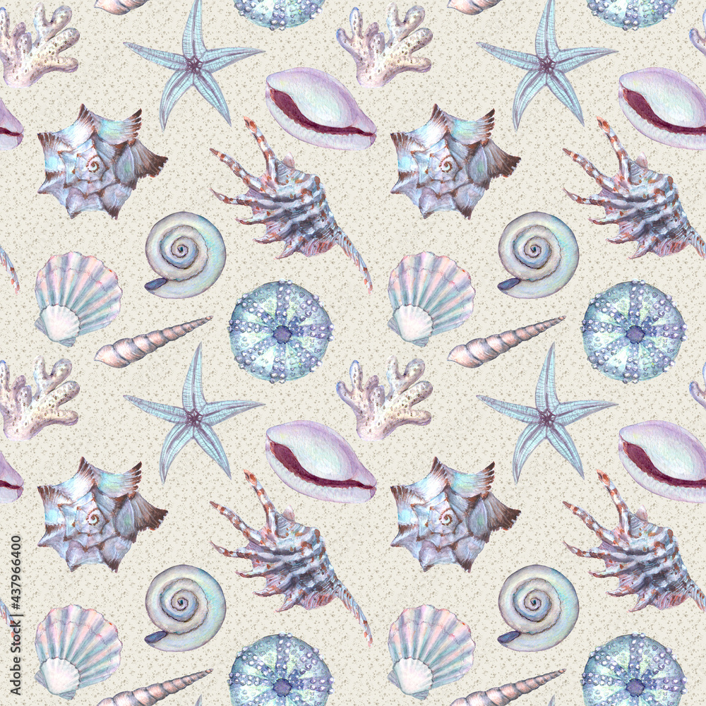 Watercolor sea shell seamless pattern. Hand drawn seashells texture ...
