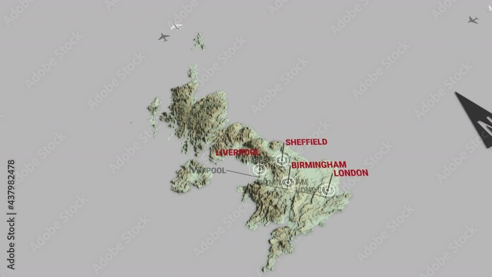 Seamless looping animation of the 3d terrain map of United Kingdom with ...