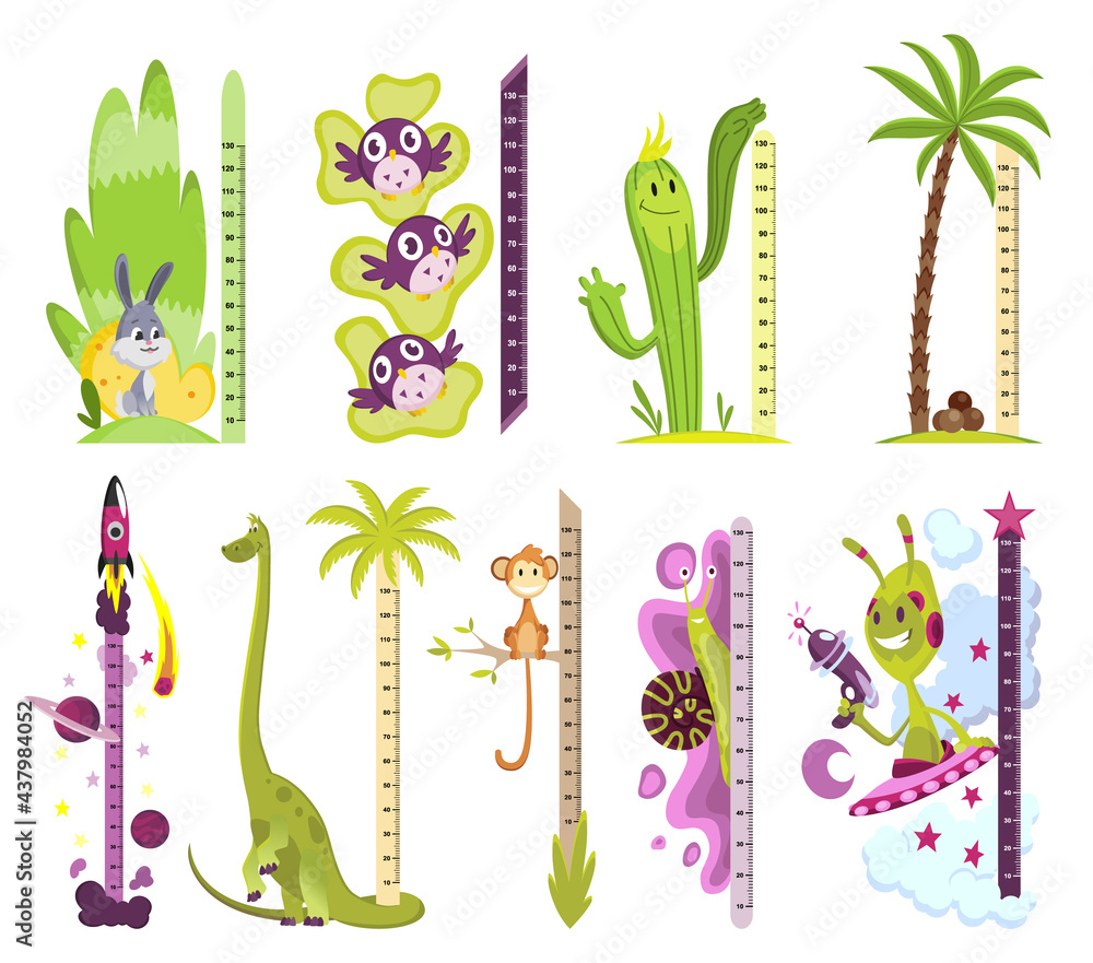 Collection of wall meters with different images. Stickers for measuring ...