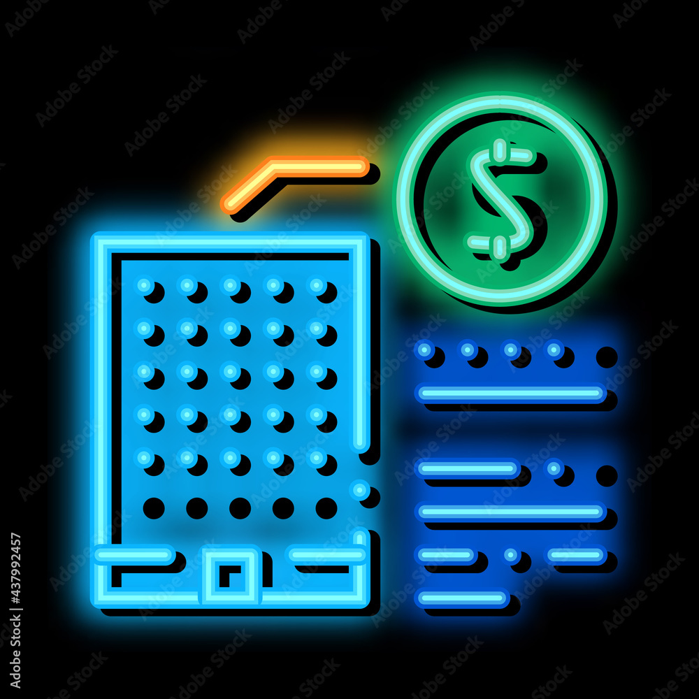 building cost neon light sign vector. Glowing bright icon building cost ...