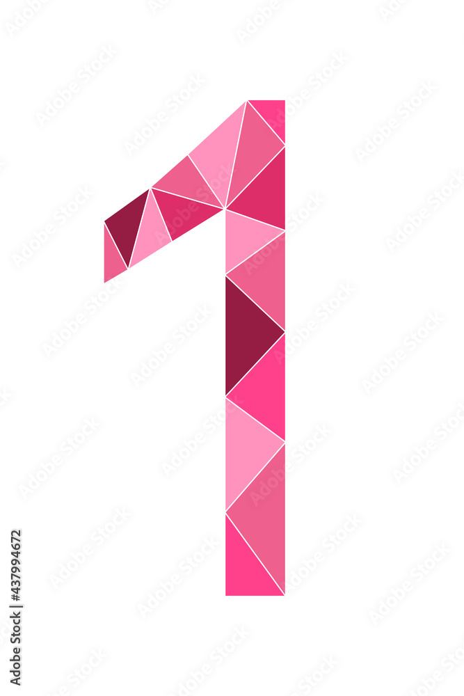 Neon pink number 1 polygon style isolated on white background. Learning ...