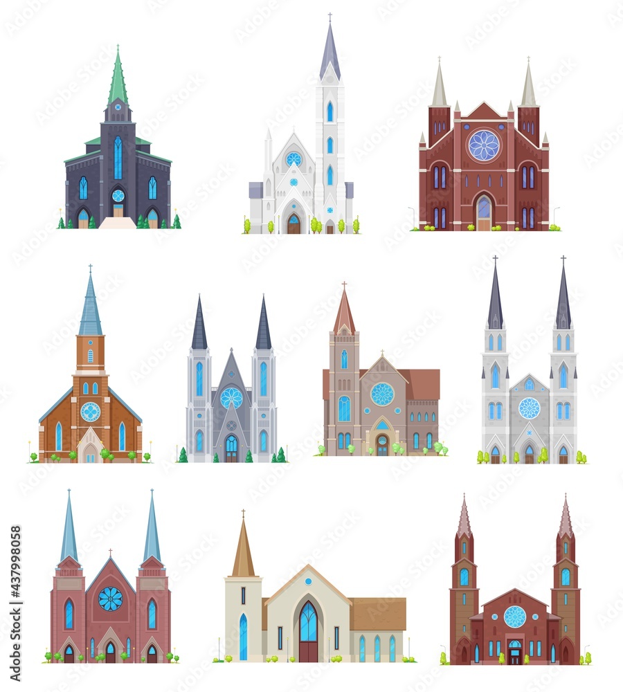 Protestant churches, christian community temples buildings. Cartoon ...