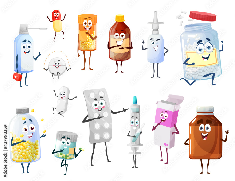 Cartoon pills and medicines, drugs funny vector characters. Pharmacy ...
