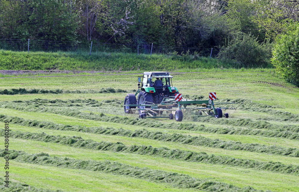 Ein Landwirt in Bayern mäht das Heu. Ein Traktor wendet auf dem Feld ...