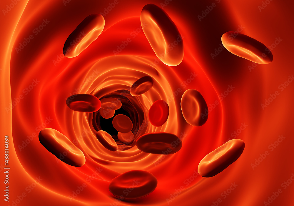 Blood cells flowing through veins and human circulation system. Symbol ...