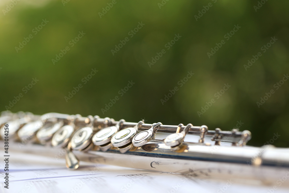 Flute, woodwind brass instrument in classical orchestra. Silver modern ...