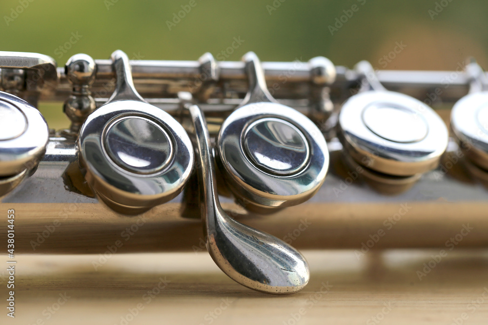 Flute, woodwind brass instrument in classical orchestra. Silver modern ...