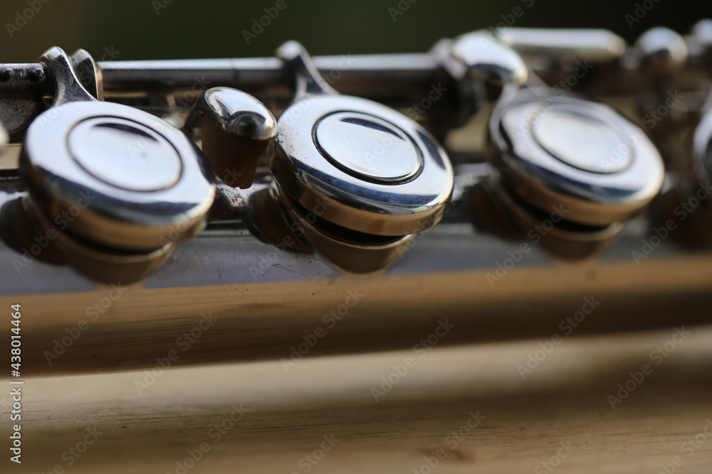 Flute, woodwind brass instrument in classical orchestra. Silver modern ...