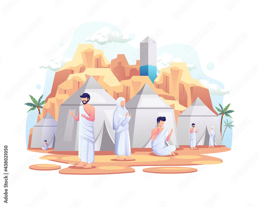 Muslims resting in tents on Islamic hajj pilgrimage vector illustration ...