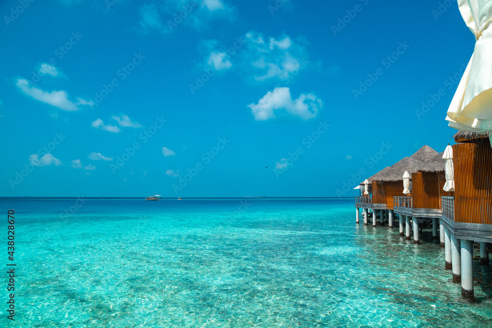 Maldives paradise scenic landscape. Seascape with water bungalows ...
