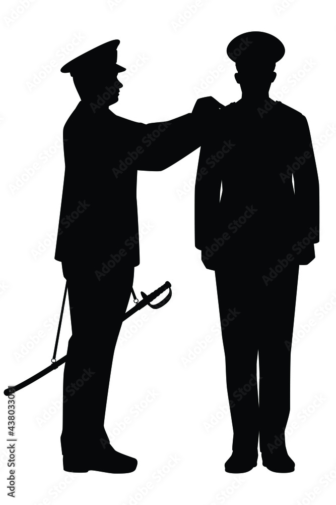 Military general give ranking promotion for his soldier silhouette ...