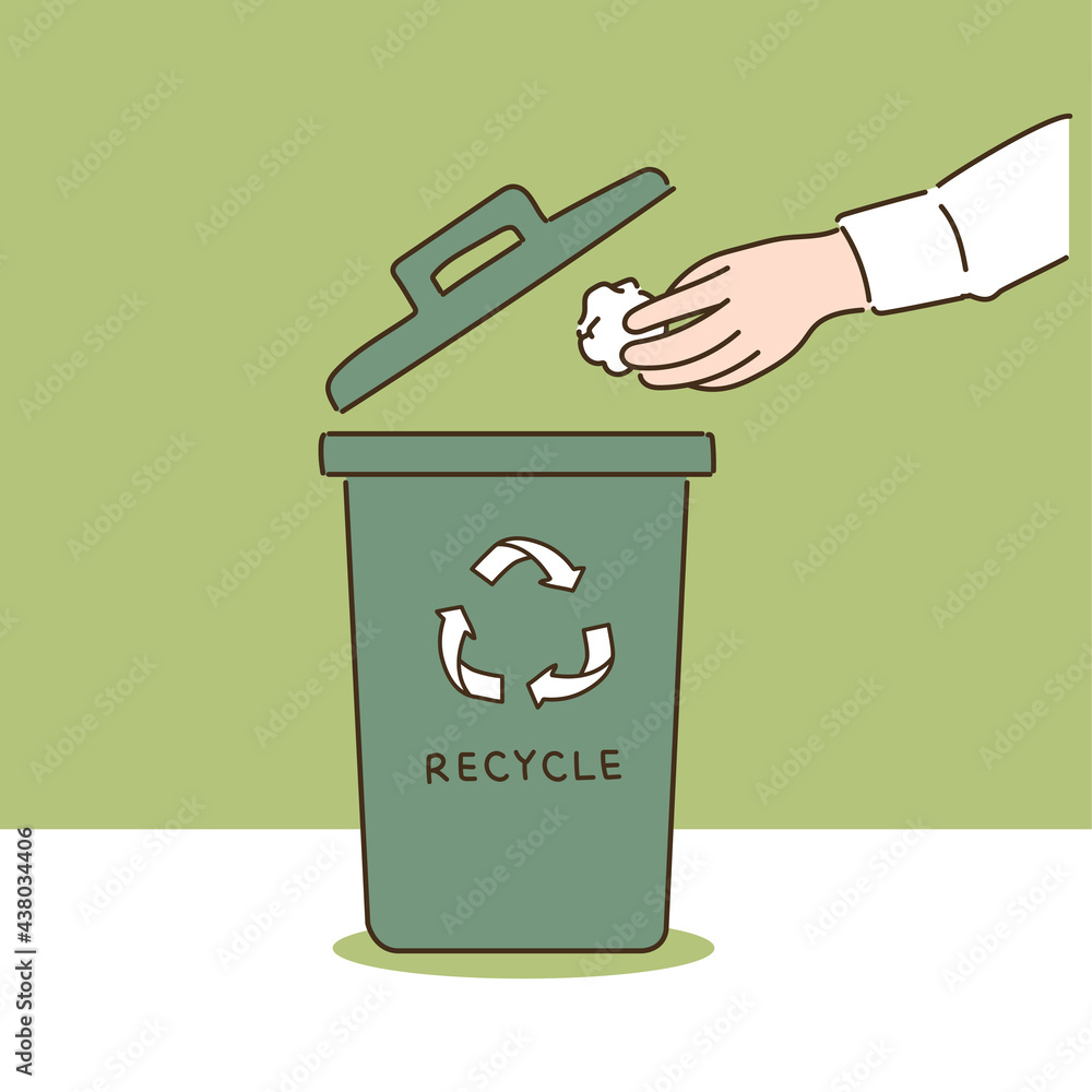 Hand throwing garbage in green recycling bin. hand drawn style vector ...