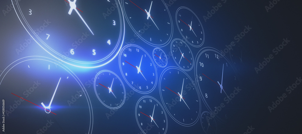 Abstract blue clock background. Time management concept. 3D Rendering ...