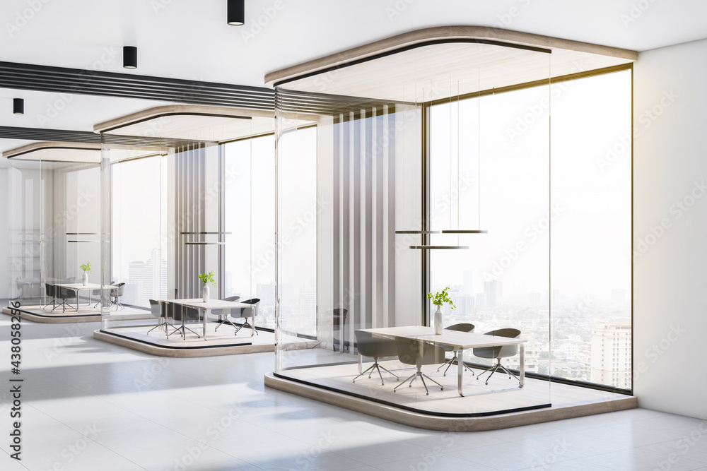 Modern conference office room interior with glass partitions, window ...