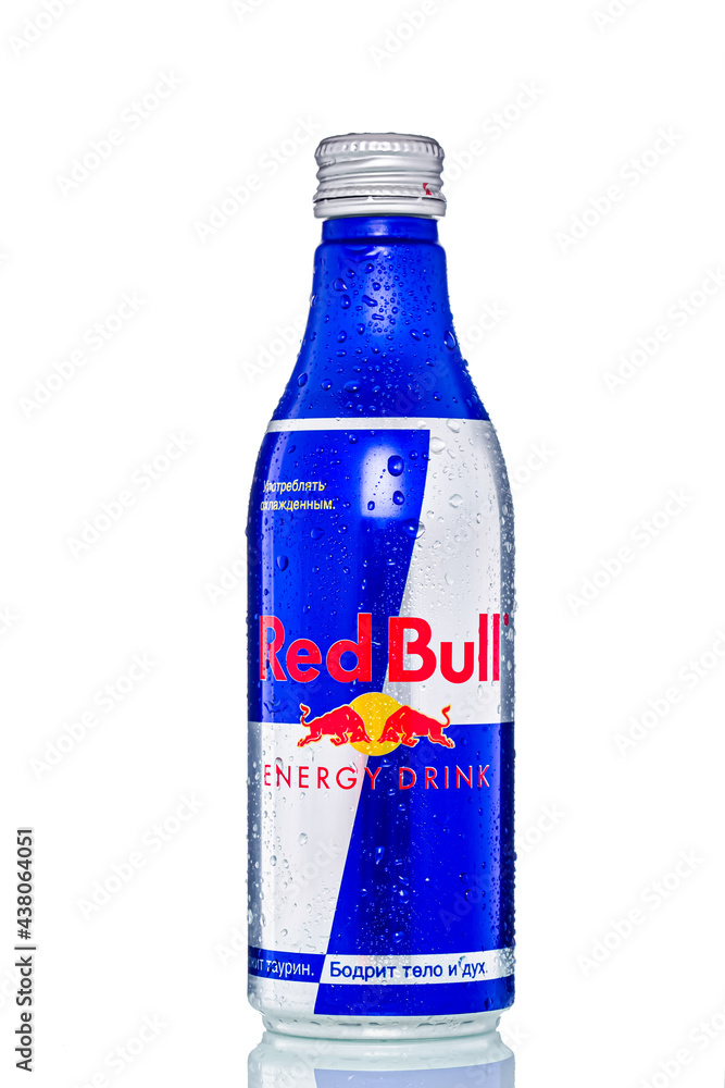 St. Petersburg, Russia, March 30, 2020. Red bull energy drink bottle ...