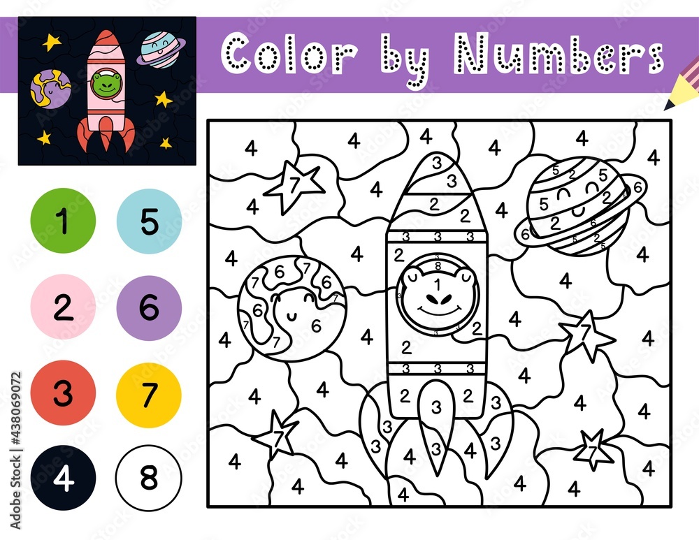 Color by numbers game for kids. Space coloring page with a frog in ...