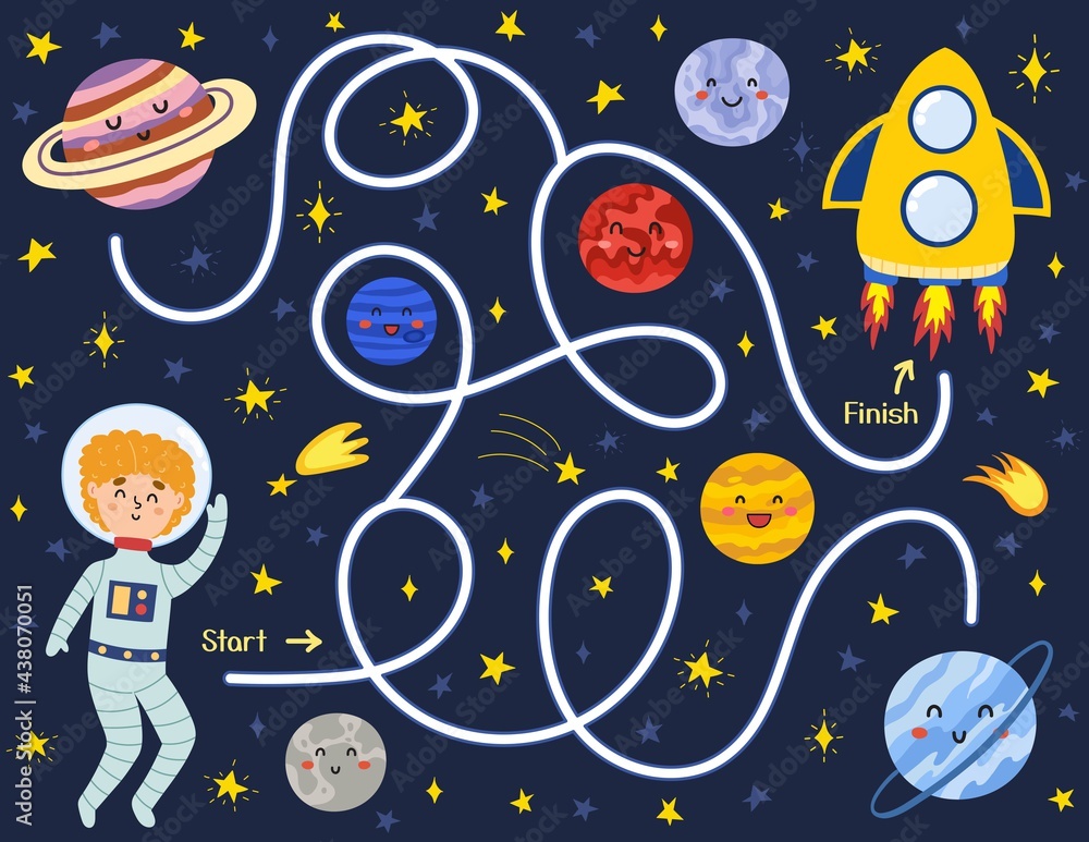 Space maze puzzle for kids. Help a cute boy astronaut find way to the ...