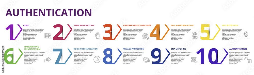 Infographic Authentication template. Icons in different colors. Include ...