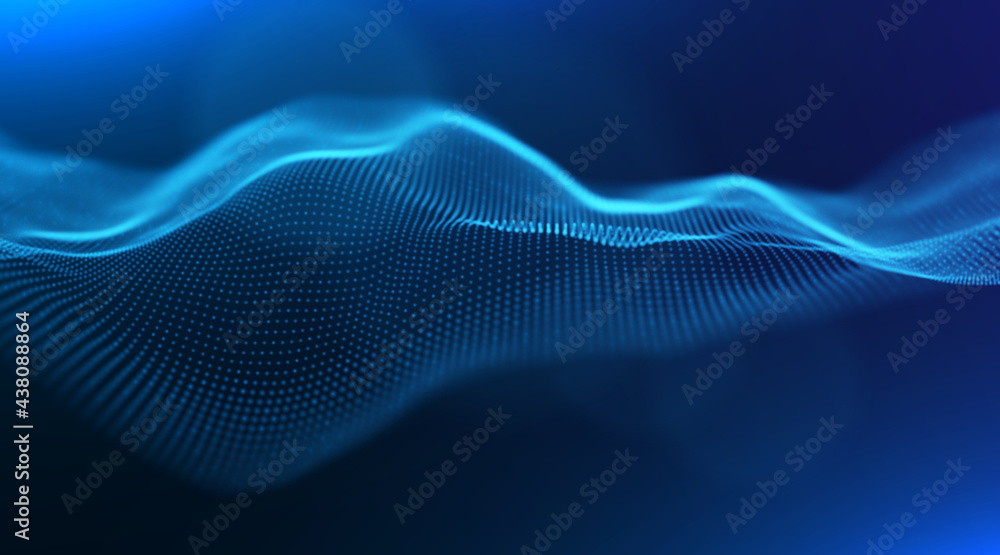 Wave of blue particles. Abstract technology flow background. Sound mesh ...