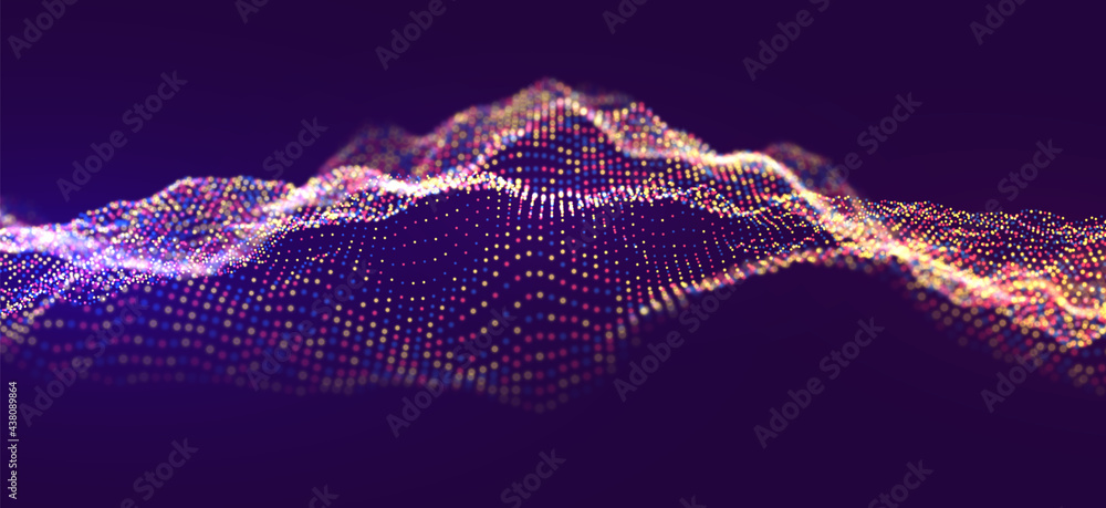 Abstract blue red and yellow particle background. Flow wave with dots ...
