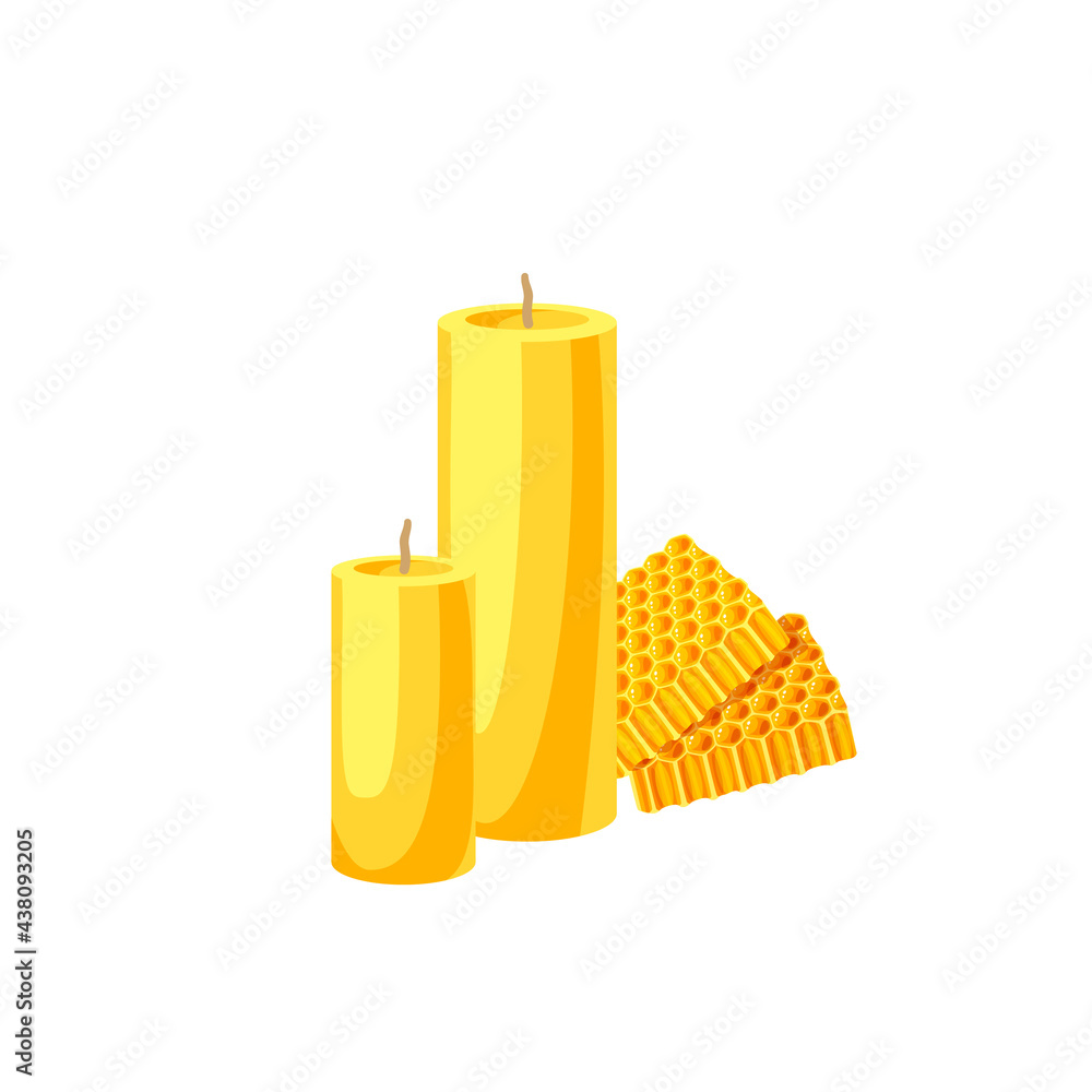 Beeswax candles and honeycomb pieces. Vector illustration cartoon flat ...