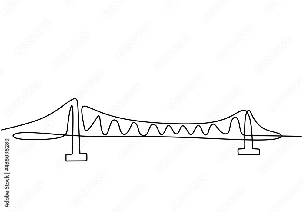 Giant bridge over river. Continuous one line of bridge drawing design ...