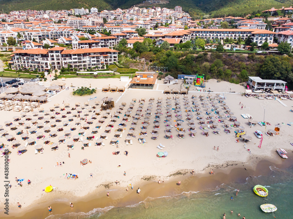 Sunbeds on the beach in Sveti Vlas. Aerial photography, drone view ...